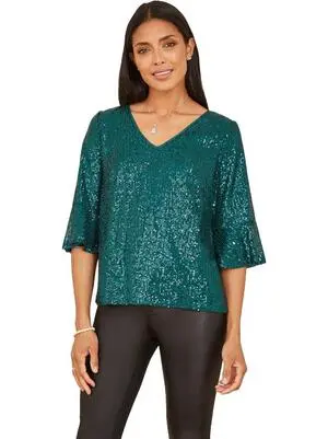 YUMI Fluted Sleeve Sequin Top - Green