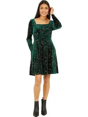 YUMI Star Foil Print Skater Dress - Green