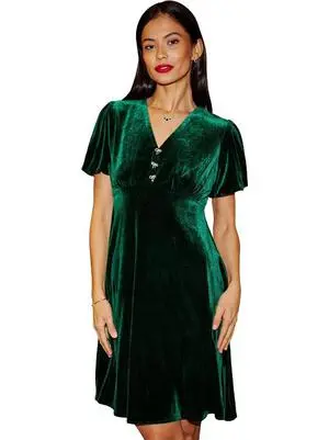 YUMI Velvet Diamante Detail Skater Dress - Green
