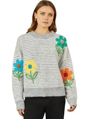 YUMI Striped Floral Applique Sweater - Grey