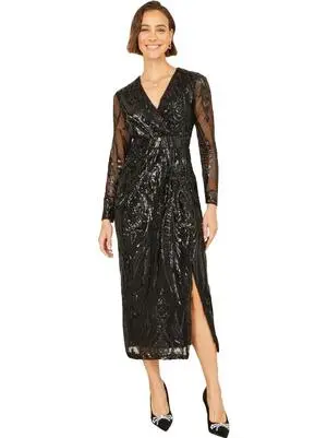 YUMI Sequin Long Sleeve Wrap Midi Dress - Black