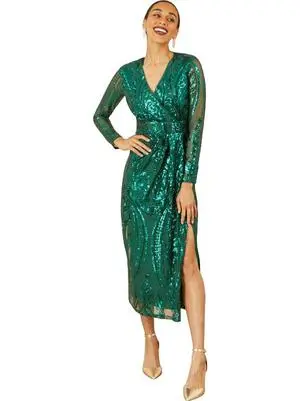 YUMI Sequin Long Sleeve Wrap Midi Dress - Green