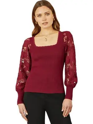YUMI Ribbed Knitted Lace Sleeve Top - Burgundy
