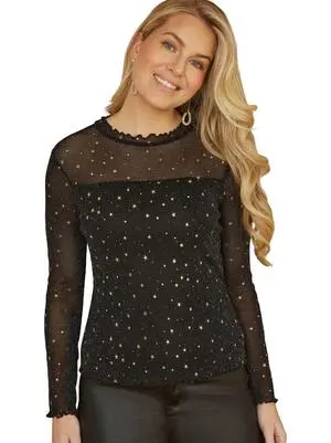 YUMI Mesh Star Print Long Sleeve Top - Black