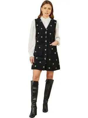 YUMI Embroidered Button Up Cord Pinafore Dress - Black