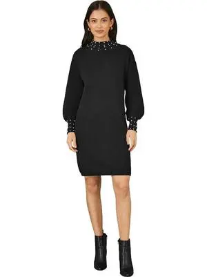 YUMI Bead Detail Knitted Sweater Dress - Black