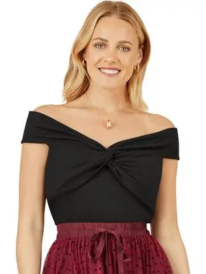 YUMI Twist Front Bardot Top - Black
