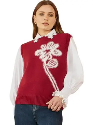 YUMI Knitted Flower Sleeveless Vest - Burgundy