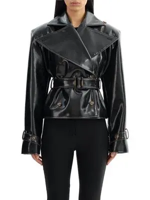 LAMARQUE Faux Leather Cropped Trench Coat - Black