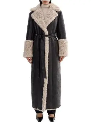LAMARQUE Mixed Media Maxi Coat - Black/beige