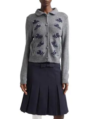 SHUSHU/TONG Beaded Floral Wool Cardigan - Grey
