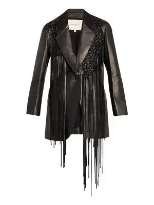Lafayette 148 New York Nappa Leather Macramé Fringe Blazer - Black