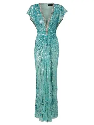Jenny Packham Lacie Gathered Embellished Gown Blue