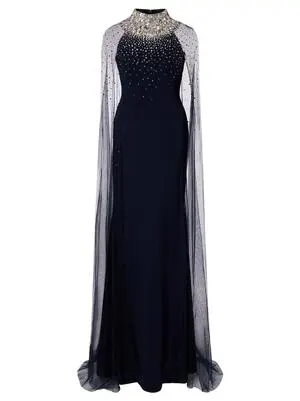 Jenny Packham Zadie Caped Embellished Gown - Blue