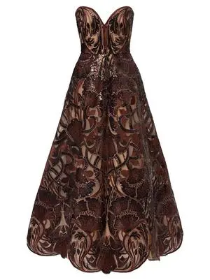 Elie Saab Floral Sequined Strapless Gown - Brown