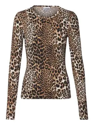 GANNI Leopard-print Cotton-blend Top - Brown