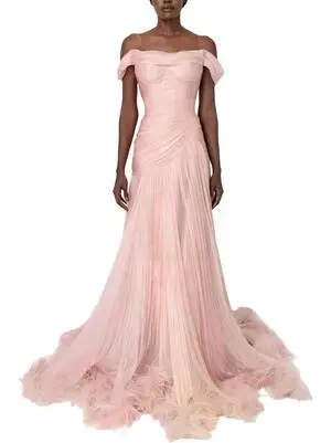 IRIS SERBAN Petal Off-shoulder Feathered Maxi Dress - Pink