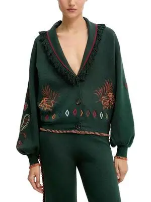 NEVER FULLY DRESSED Fringed Embroidered Cardigan - Green