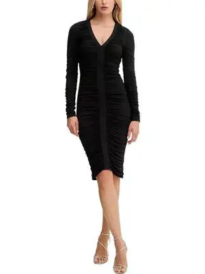 MARCIANO Ruched-detail V-neck Midi Dress - Black