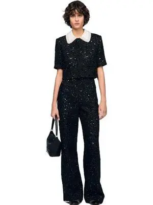 Sandro Cropped Rhinestone Collar Tweed Jacket - Black