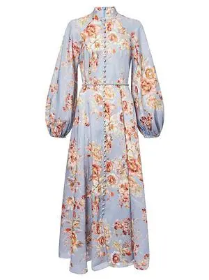 Zimmermann Billow Long-sleeve Linen Maxi Dress - Chambray Floral