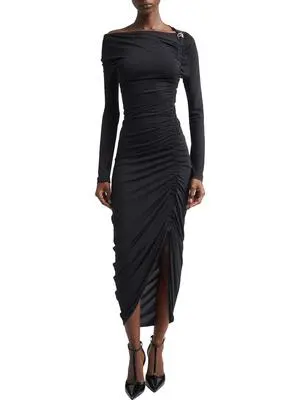 FERRAGAMO Ruched Long Sleeve Evening Dress - Nero