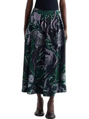 Dries Van Noten Soni Abstract Floral Jacquard Pleated Crepe A-line Midi Skirt - Dark Green