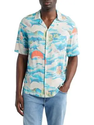 ALLSAINTS Saipan Print Relaxed Fit Cotton Camp Shirt - Blueberry Blue