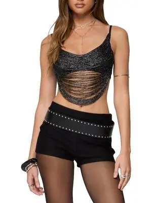 EDIKTED Metallic Fringe Crop Top - Black