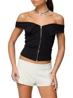 EDIKTED Foldover Off-the-shoulder Zip-up Top - Black