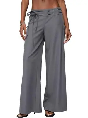EDIKTED Baggy Belted Lace-up Pants - Dark-gray