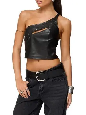 EDIKTED Cutout One-shoulder Faux Leather Crop Top - Black
