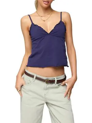 EDIKTED Lettuce Edge Crop Stretch Cotton Camisole - Navy