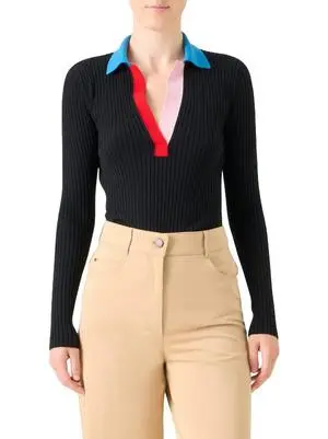 Akris Contrast Collar Virgin Wool Polo Sweater - Black-multi