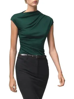 Mango Ruched Cap-sleeve Top - Dark Green
