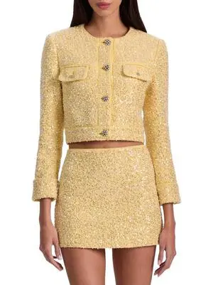 Alice + Olivia Lorie Embellished Crop Tweed Jacket - Butter
