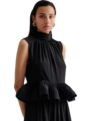 MALINA Lune Halterneck Frilled Hem Blouse - Black