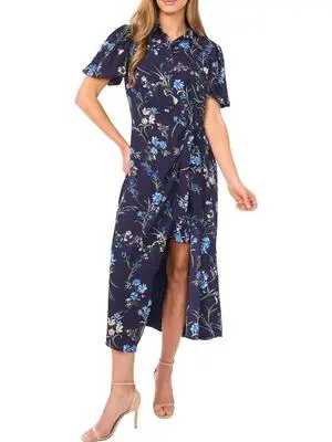 CECE DUPRAZ Floral Print Puff Sleeve Tie Waist Midi Dress - Classic Navy