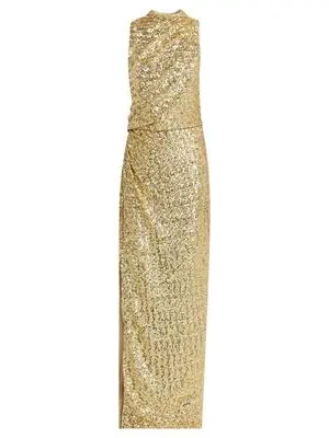 Balmain Draped Sequined Halter Column Gown - Or