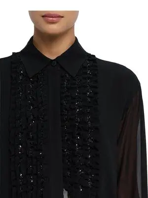 Lafayette 148 New York Sequin Ruffle Silk Georgette Blouse - Black