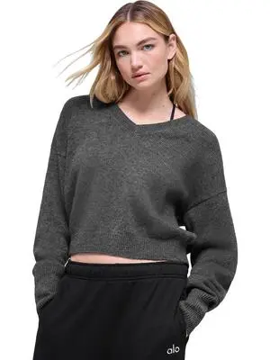 Alo Yoga Wool Cashmere Cropped V-neck Sweater - Platinum Grey