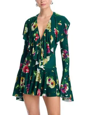Norma Kamali Deep V Ruffle Mini Dress - Floral Green
