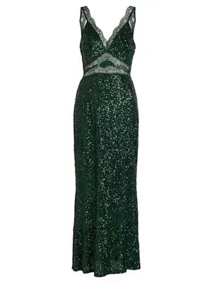 NEVER FULLY DRESSED Sequin Lace-detail Midi Dress - Green