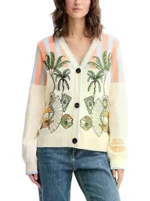 NEVER FULLY DRESSED Striped Detail Palm Tree Cardigan - Neutrals