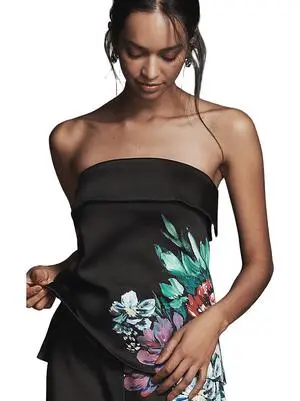 Anthropologie Printed Satin Strapless Top - Black Floral