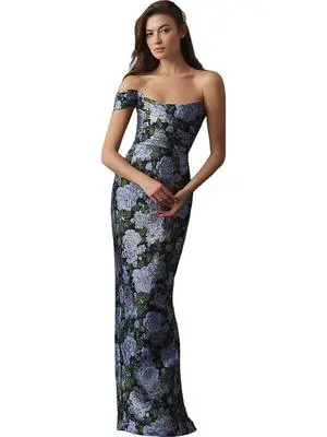 SAU LEE Asymmetric Jacquard Column Maxi Dress - Blue Pattern