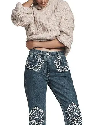 Farm Rio Cornely Embroidered Cropped Flare Jeans - Medium Denim