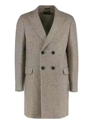 Zegna Notched Lapel Double Breasted Wool Coat - Neutrals