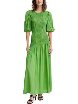 NEVER FULLY DRESSED Shirred Puff-sleeve Maxi Dress - Green