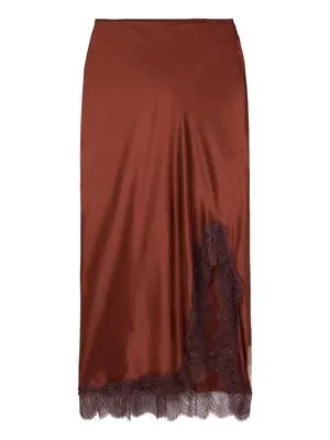 LA LIGNE Lace-trimmed Silk-satin Midi Skirt - Burgundy